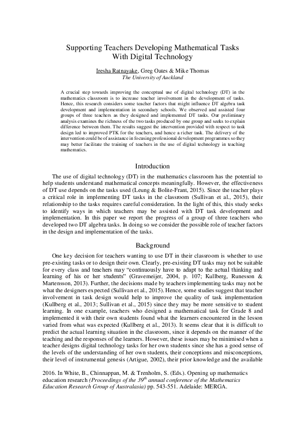 (PDF) Supporting Teachers Developing Mathematical Tasks With Digital Technology