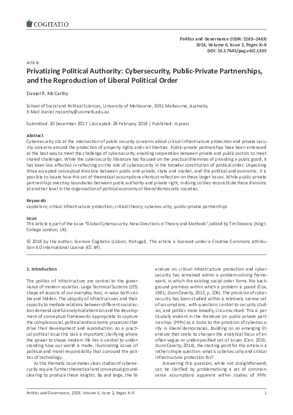 (PDF) Cybersecurity, Public-Private Partnerships, and the Reproduction of Liberal Political Order