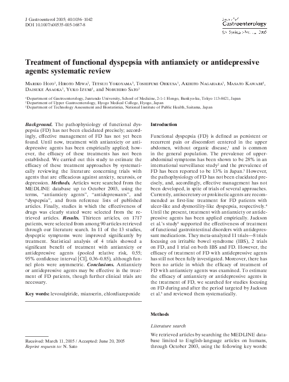 (PDF) Treatment of functional dyspepsia with antianxiety or antidepressive agents: systematic review