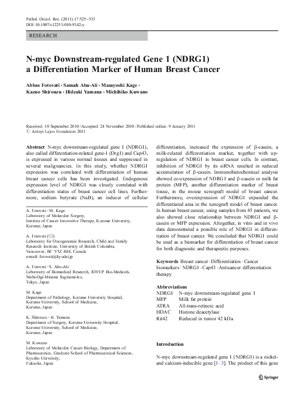 (PDF) N-myc Downstream-regulated Gene 1 (NDRG1) a Differentiation ...