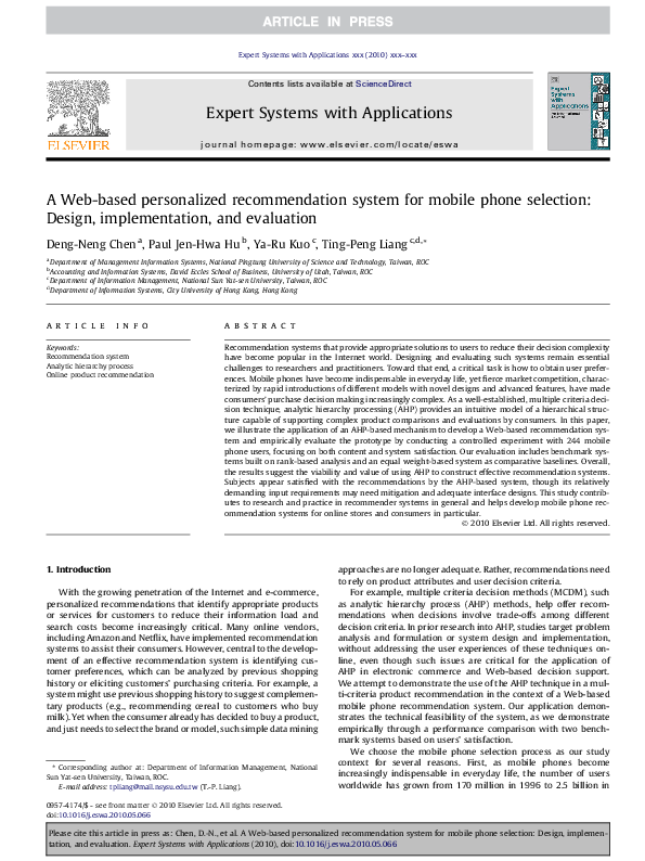 (PDF) A Web-based personalized recommendation system for mobile phone selection: Design ...