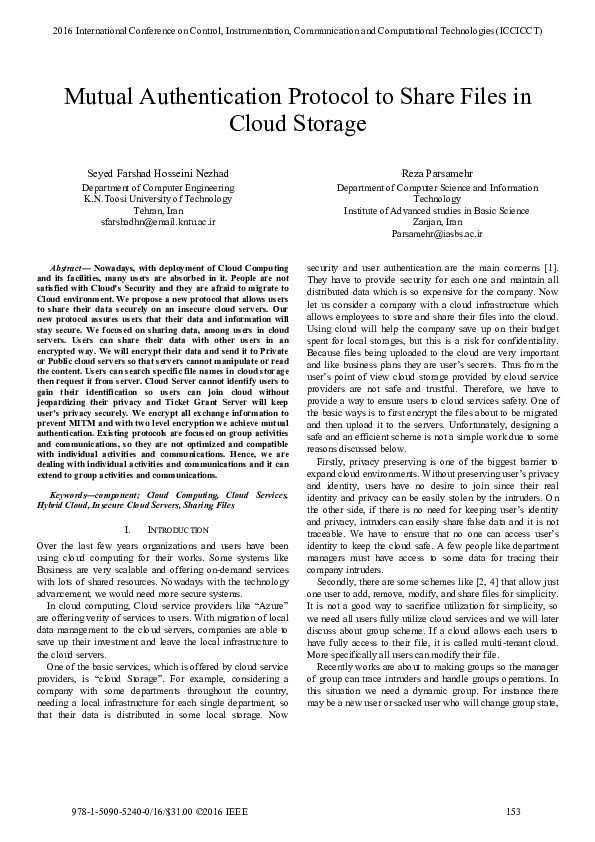 (PDF) Mutual Authentication Protocol to Share Files in Cloud Storage | Reza Parsamehr and ...
