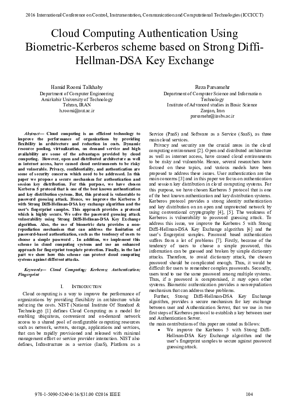 Pdf Cloud Computing Authentication Using Biometric Kerberos Scheme Based On Strong Diffi