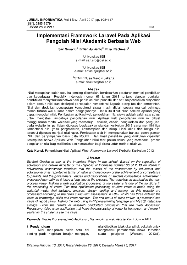 Pdf Implementasi Framework Laravel Pada Aplikasi Pengolah Nilai