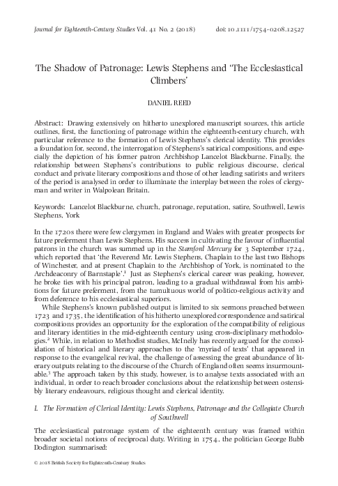 (PDF) The Shadow of Patronage - Lewis Stephens and 'The Ecclesiastical Climbers', 1743 (Journal ...