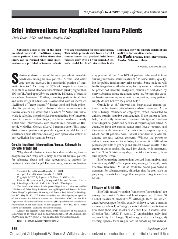 (PDF) Brief Interventions for Hospitalized Trauma Patients