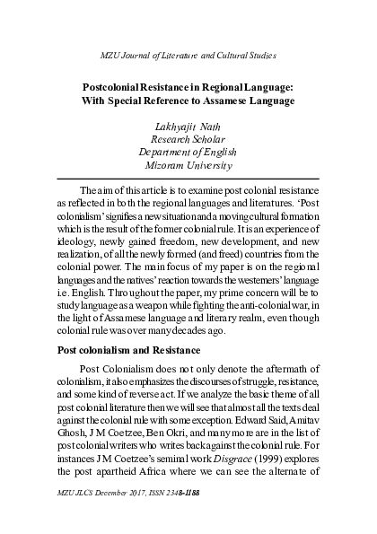 (PDF) Postcolonial Resistance in Regional Language: With Special ...