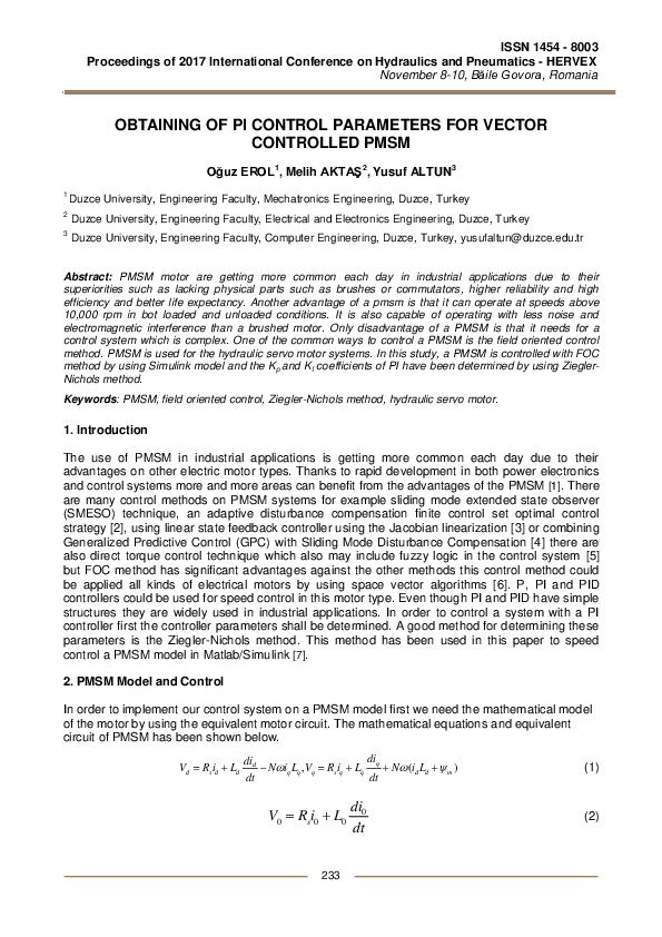 (PDF) Obtaining of PI Control Parameters for Vector Controlled PMSM