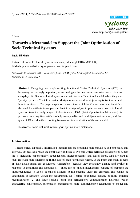 (PDF) Towards a Metamodel to Support the Joint Optimization of Socio ...