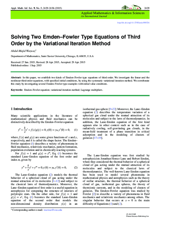 (PDF) Solving Two Emden–Fowler Type Equations of Third Order by the Variational Iteration Method