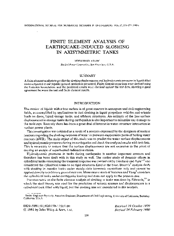 Pdf Finite Element Analysis Of Earthquake Induced Sloshing In Axisymmetric Tanks