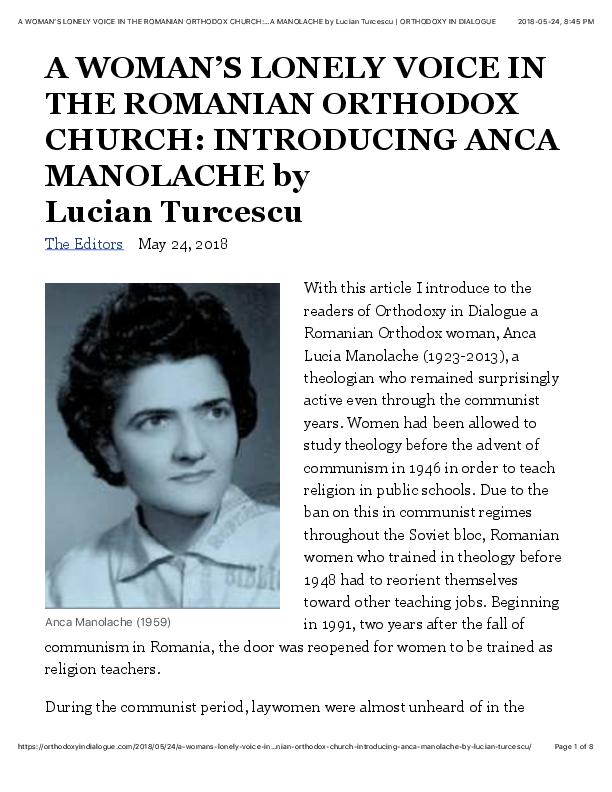 (PDF) A Woman's Lonely Voice in the Romanian Orthodox Church: Anca ...