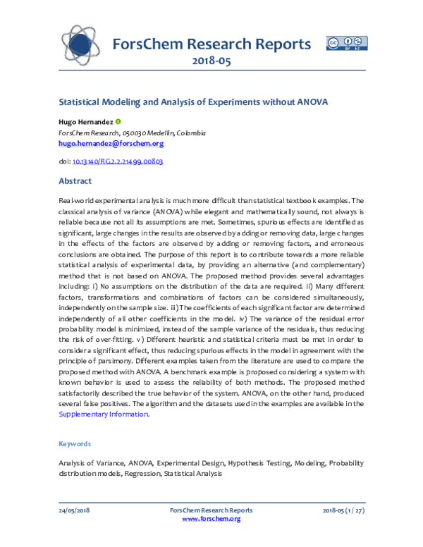 Pdf Statistical Modeling And Analysis Of Experiments Without Anova