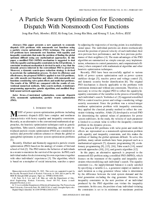 Pdf A Particle Swarm Optimization For Economic Dispatch With Nonsmooth Cost Functions