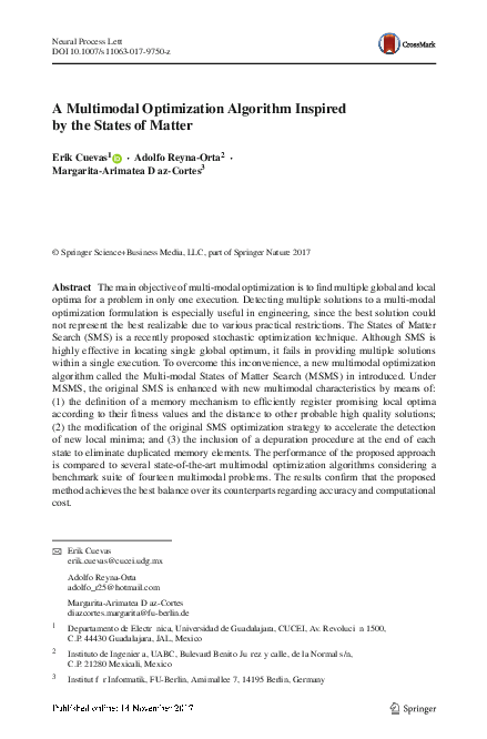 Pdf A Multimodal Optimization Algorithm Inspired By The States Of