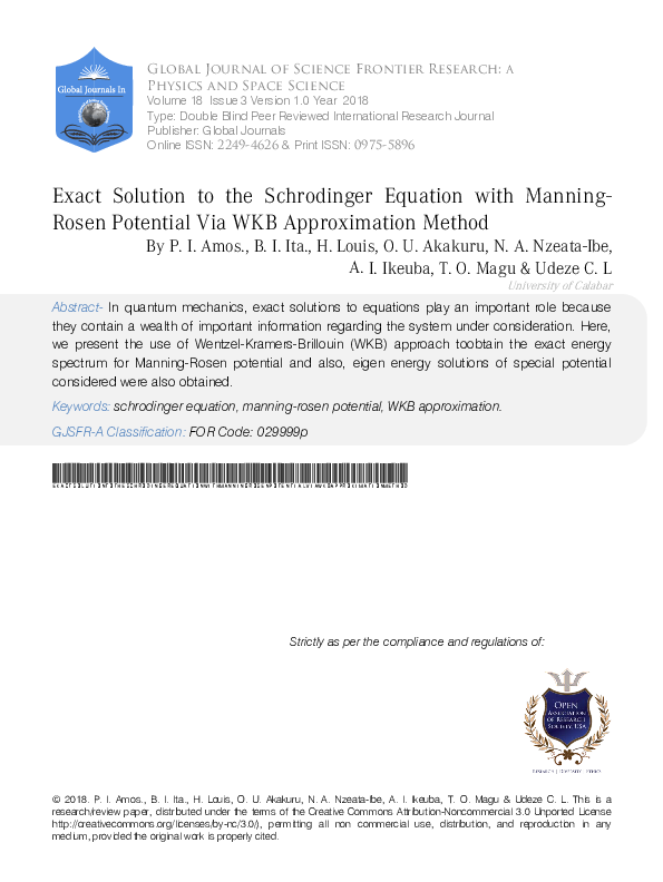 (PDF) Exact Solution to the Schrodinger Equation with Manning- Rosen ... (PDF) Exact Solution to the Schrodinger Equation with Manning- Rosen ...