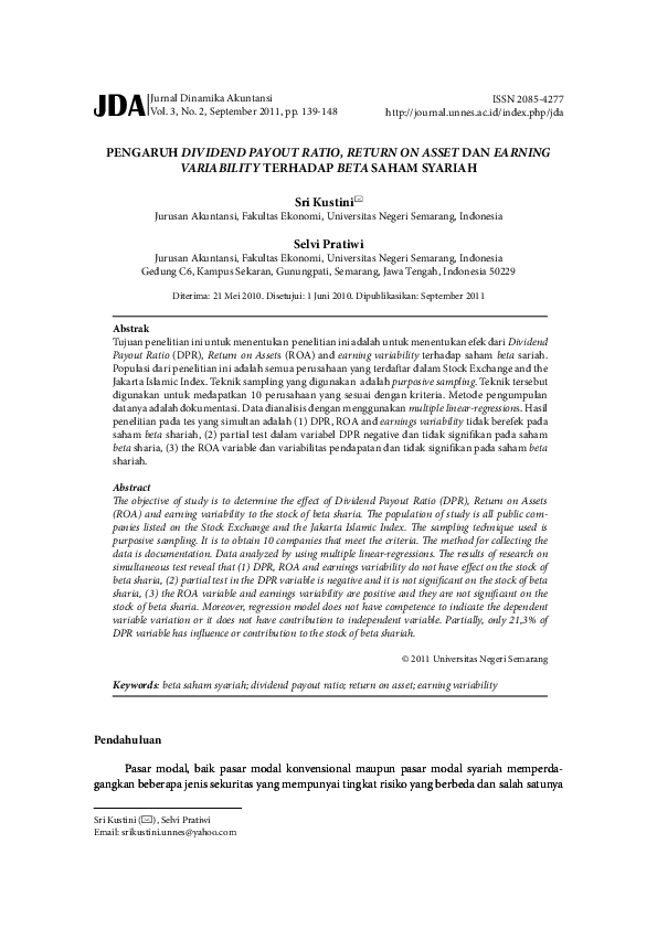 (PDF) PENGARUH DIVIDEND PAYOUT RATIO, RETURN ON ASSET DAN EARNING ...