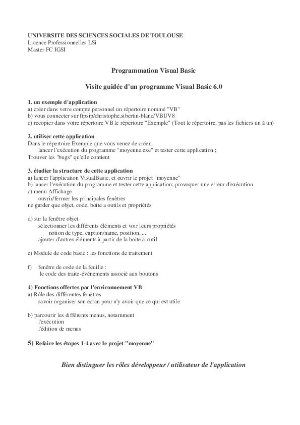 Pdf Programmation Visual Basic Visite Guidée Dun Programme Visual Basic 60