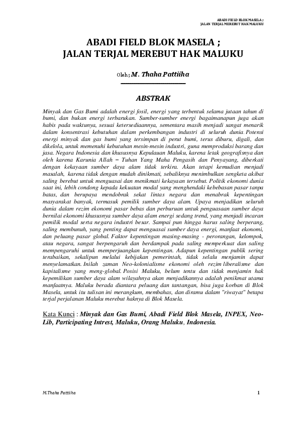(PDF) ABADI FIELD BLOK MASELA ; JALAN TERJAL MEREBUT HAK MALUKU