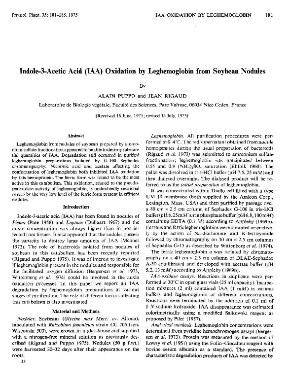 (PDF) Indole-3-Acetic Acid (IAA) Oxidation by Leghemoglobin form Soybean