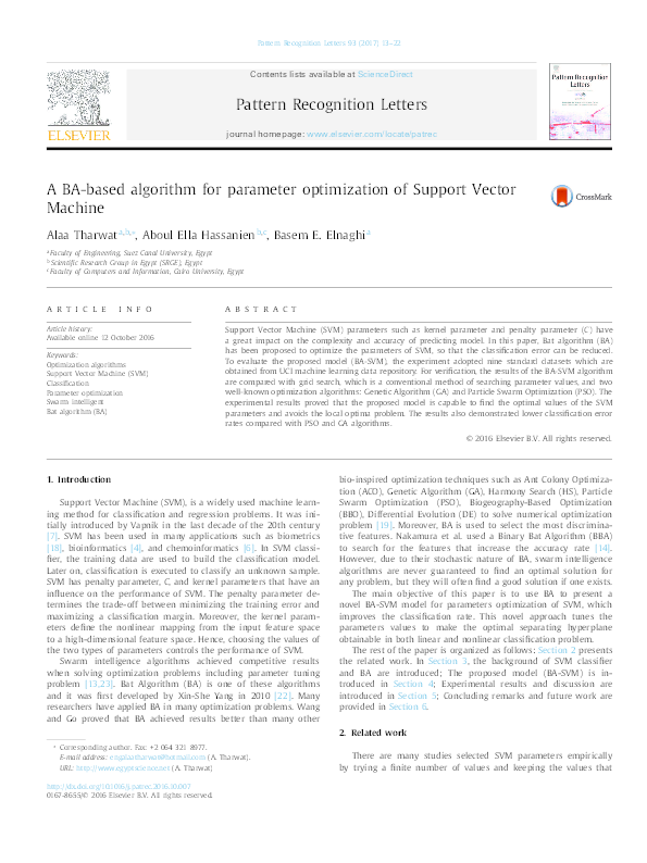 Pdf A Ba Based Algorithm For Parameter Optimization Of Support Vector Machine