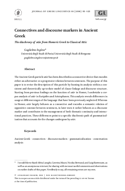 (PDF) Connectives and discourse markers in Ancient Greek: the diachrony ...