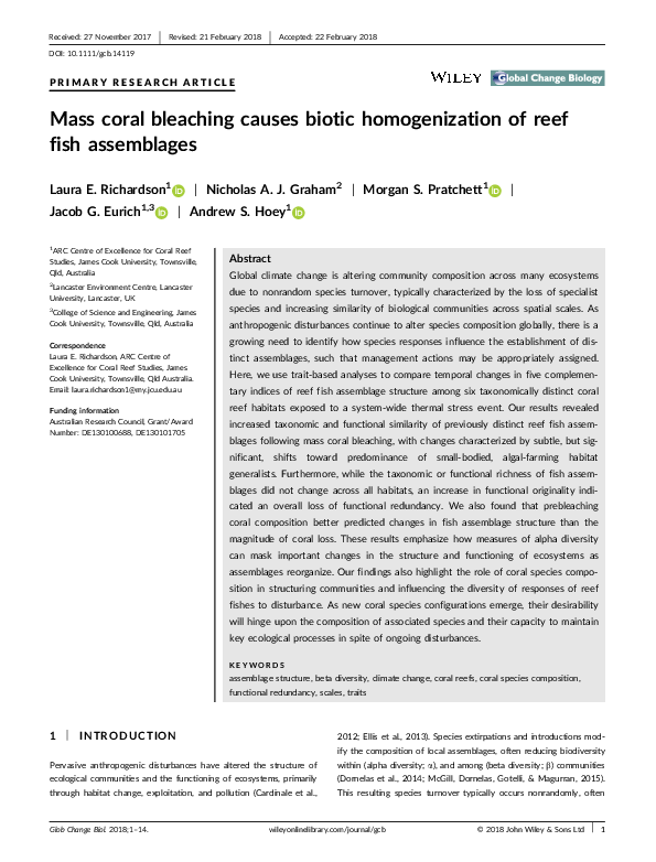 (PDF) Mass coral bleaching causes biotic homogenization of reef fish ...
