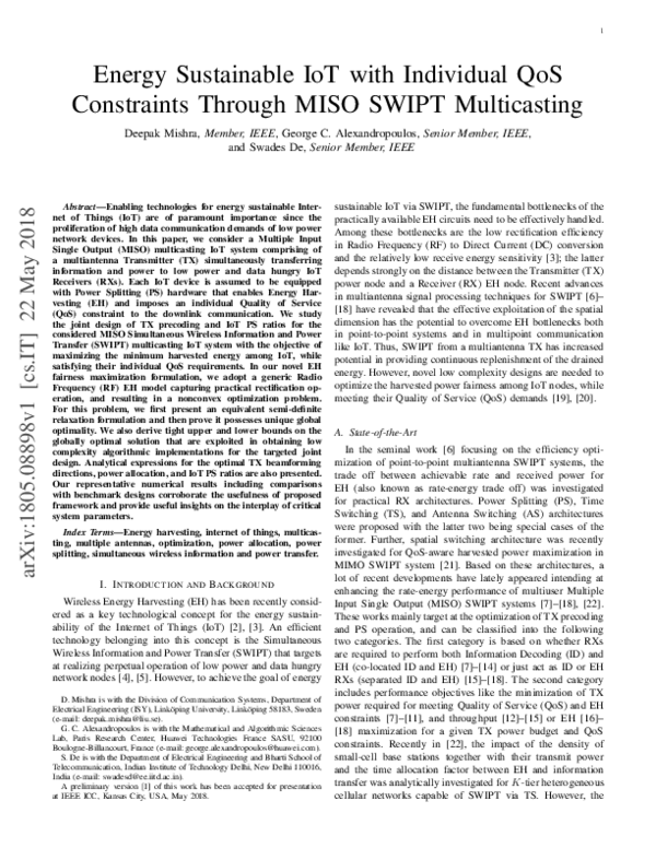 (PDF) Energy Sustainable IoT with Individual QoS Constraints Through MISO SWIPT Multicasting