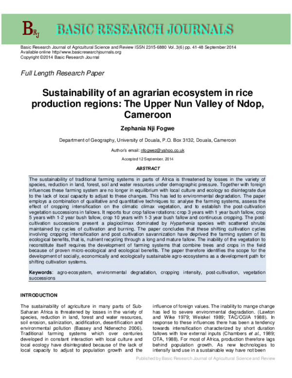 (PDF) Sustainability of an agrarian ecosystem in rice production ...