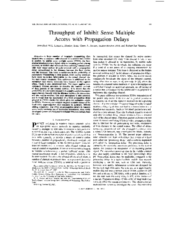 Pdf Throughput Of Inhibit Sense Multiple Access With Propagation Delays