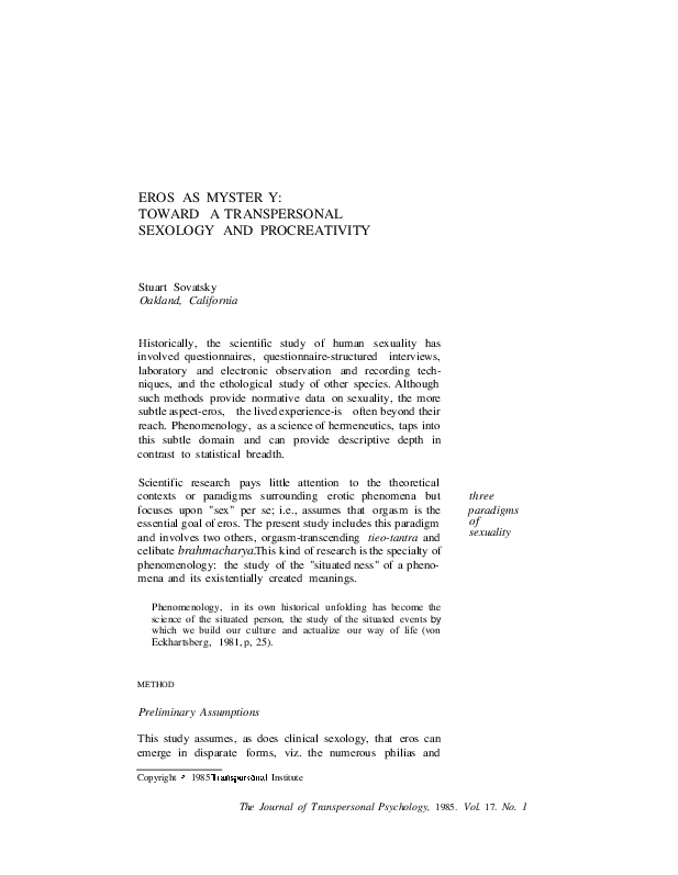 (PDF) EROS AS MYSTER Y: TOWARD A TRANSPERSONAL SEXOLOGY AND PROCREATIVITY