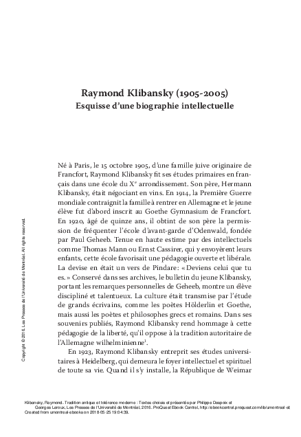 (PDF) Raymond Klibansky (1905-2005) Esquisse d'une biographie ...