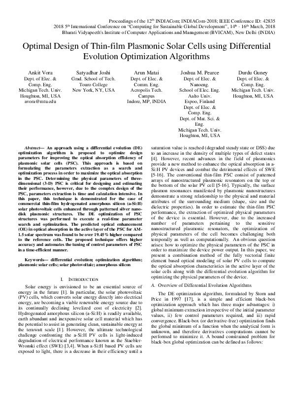 Optimal Design of Thin-film Plasmonic Solar Cells using Differential Evolution Optimization ...