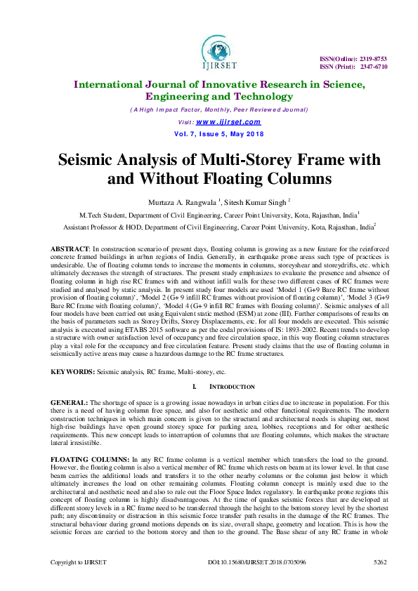 (PDF) Seismic Analysis of Multi-Storey Frame with and Without Floating Columns