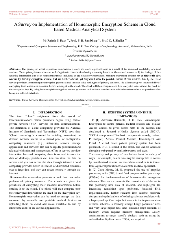 Pdf A Survey On Implementation Of Homomorphic Encryption Scheme In Cloud Based Medical