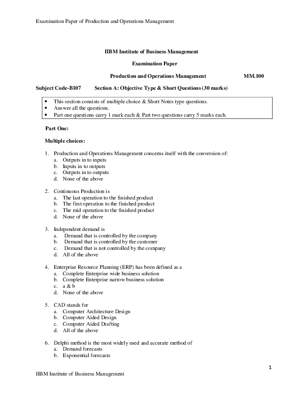 (PDF) Examination Paper of Production and Operations Management 1 IIBM ...
