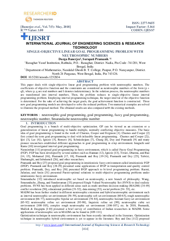 Pdf Single Objective Linear Goal Programming Problem With Neutrosophic Numbers Ijesrt