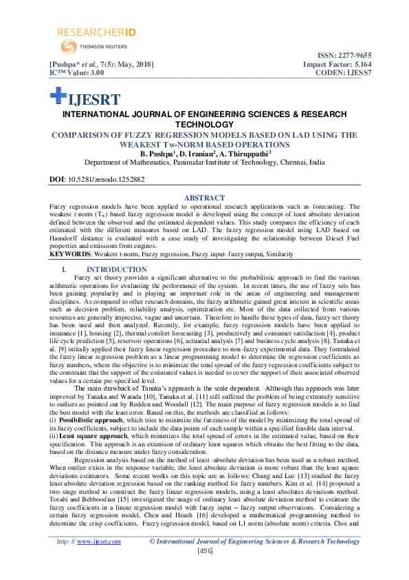 Pdf Comparison Of Fuzzy Regression Models Based On Lad Using The Weakest Tw Norm Based Operations
