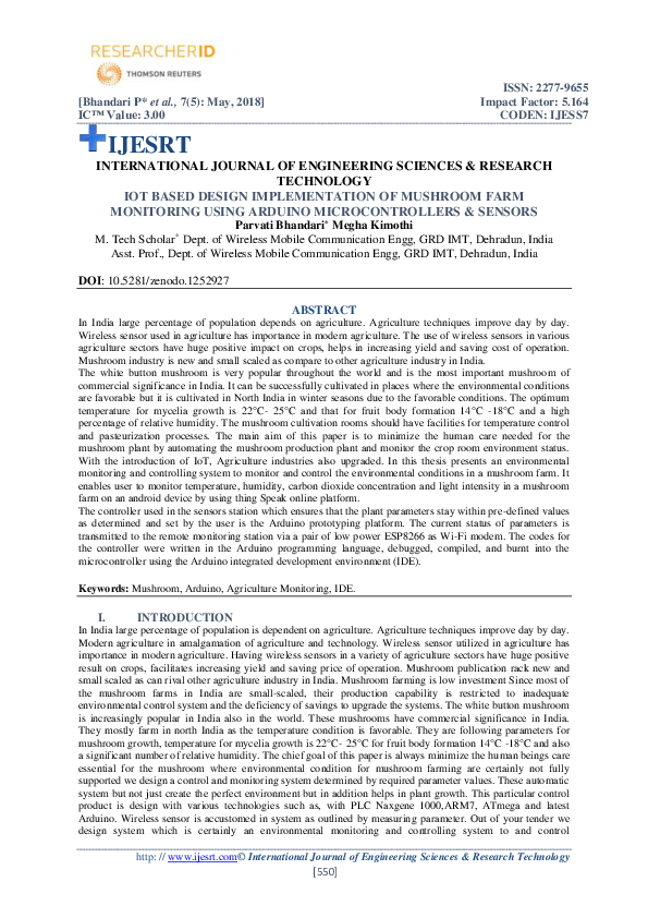 (PDF) IOT BASED DESIGN IMPLEMENTATION OF MUSHROOM FARM MONITORING USING ...
