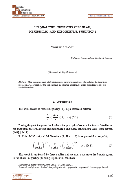 (PDF) INEQUALITIES INVOLVING CIRCULAR, HYPERBOLIC AND EXPONENTIAL FUNCTIONS