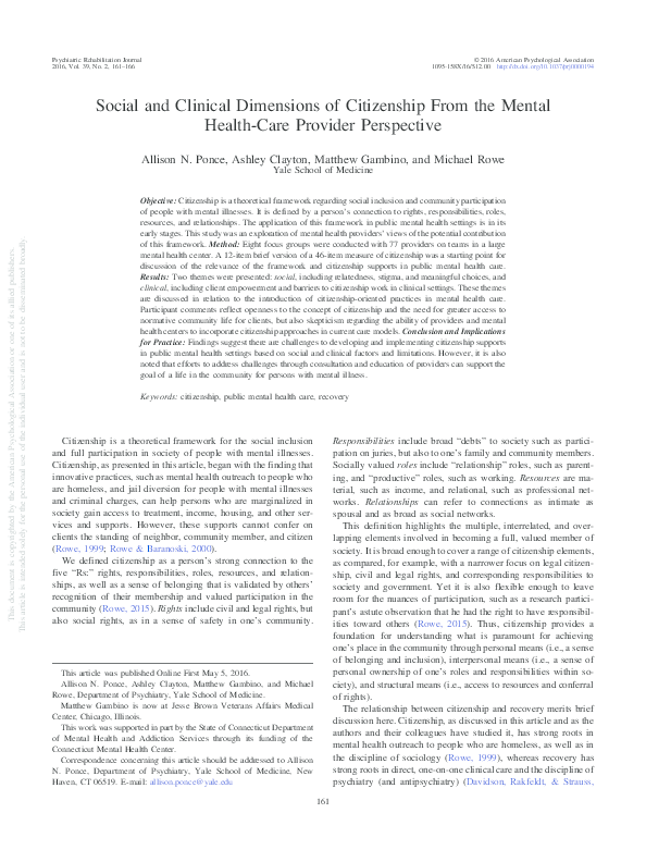 (PDF) Social and Clinical Dimensions of Citizenship From the Mental ...