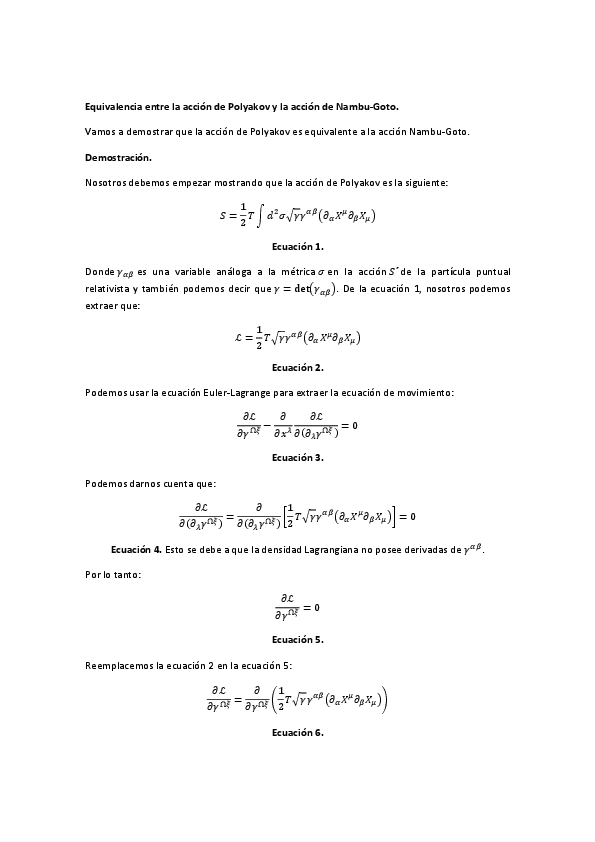 (PDF) Equivalencia entre la acción de Polyakov y la acción de Nambu-Goto