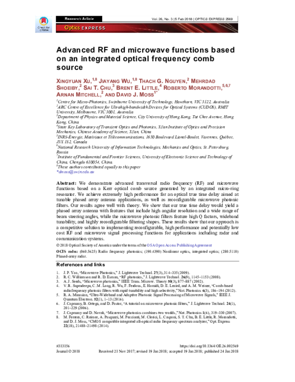 (PDF) Advanced RF and microwave functions based on an integrated optical frequency comb source