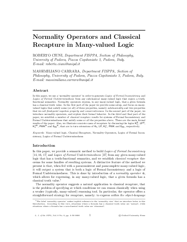 Pdf Normality Operators And Classical Recapture In Many Valued Logic