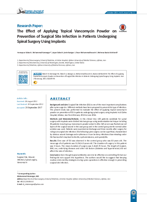 (PDF) The Effect of Applying Topical Vancomycin Powder on Prevention of ...