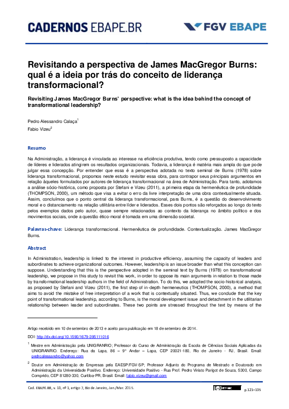 (PDF) Revisitando a perspectiva de James MacGregor Burns: qual é a ...