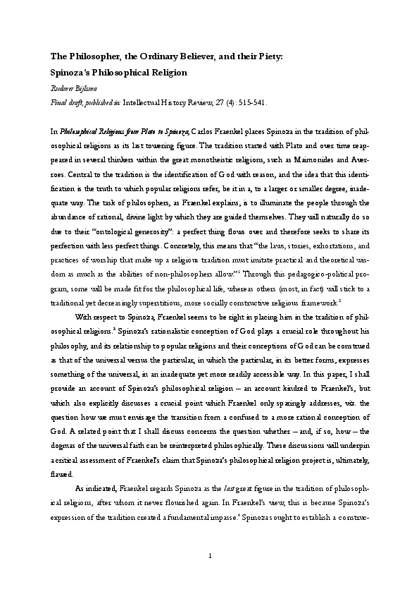 (PDF) The Philosopher, the Ordinary Believer, and their Piety: Spinoza's Philosophical Religion