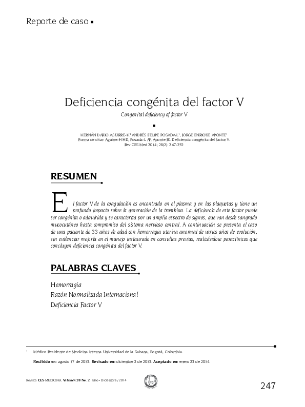 (PDF) Deficiencia congénita del factor V | Andres Felipe Zapata Lopez - Academia.edu