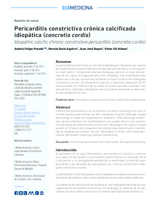 (PDF) Pericarditis constrictiva crónica calcificada idiopática (concretio cordis