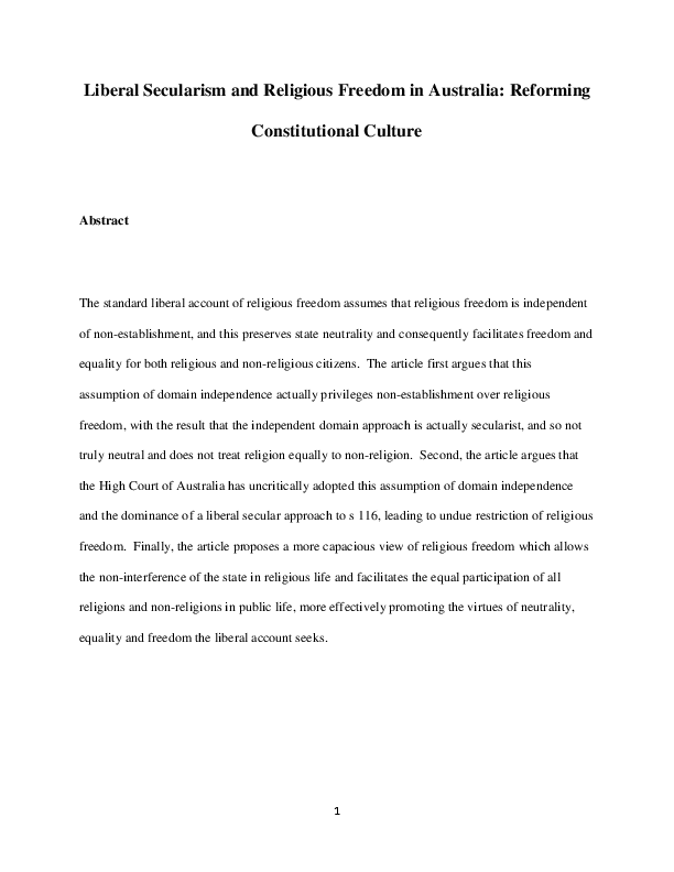 (DOC) Liberal Secularism and Religious Freedom in Australia: Reforming ...